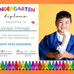 Kindergarten Graduation Diploma Photo Certificate, Editable Teacher ...
