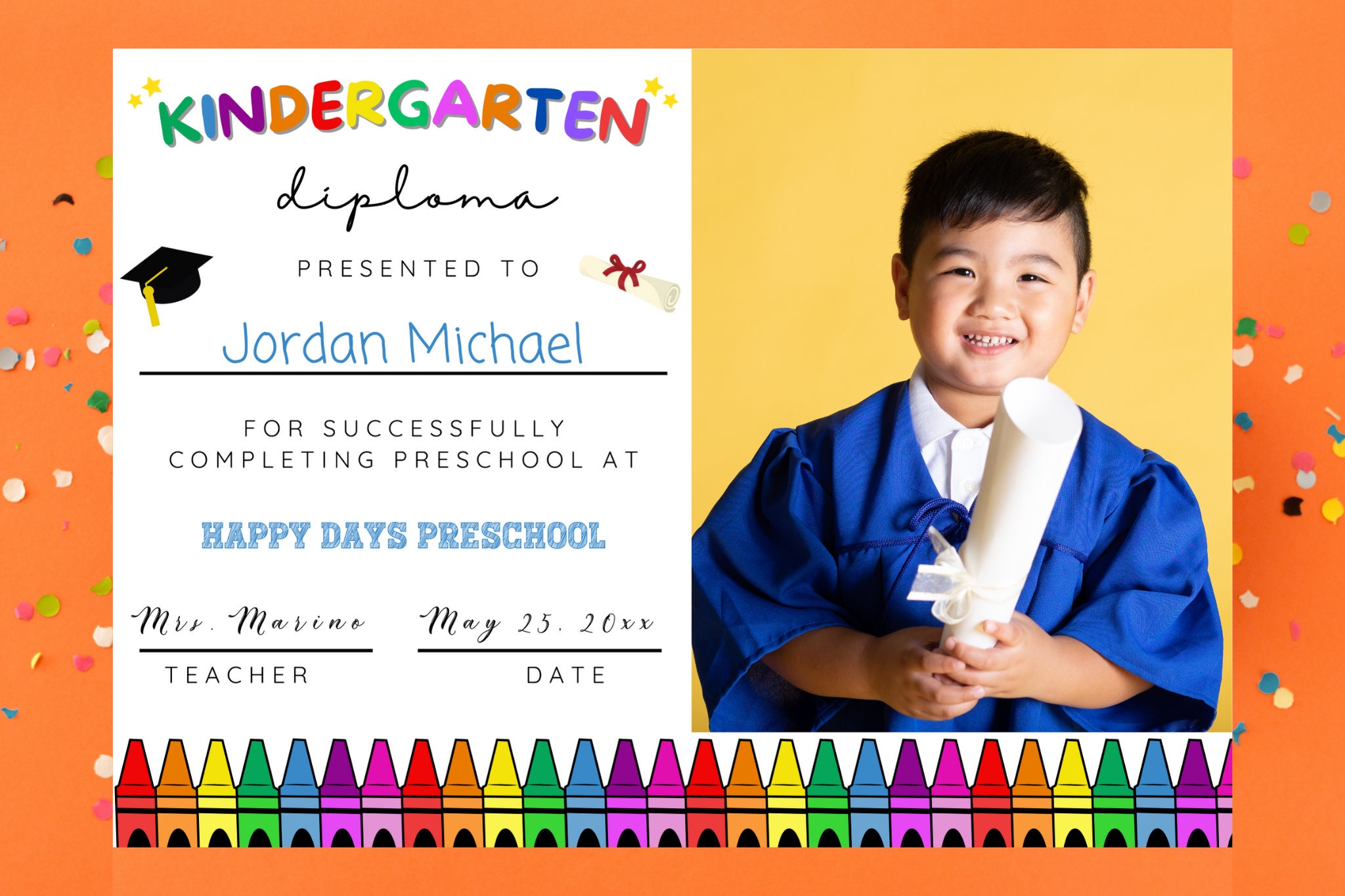 Kindergarten Graduation Diploma Photo Certificate, Editable Teacher ...