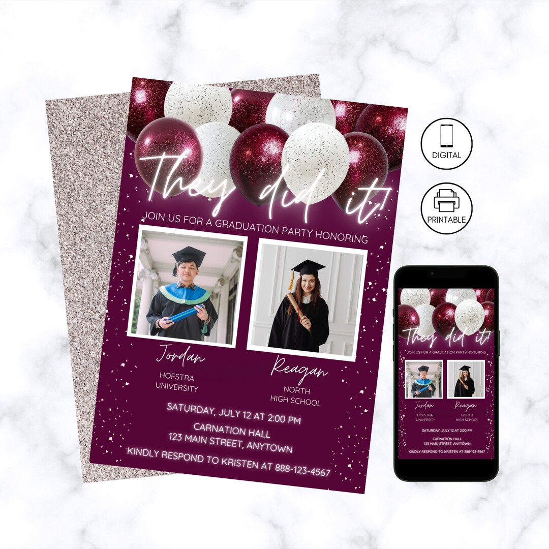Double Graduation Photo Party Invitation | Editable Template | Maroon ...
