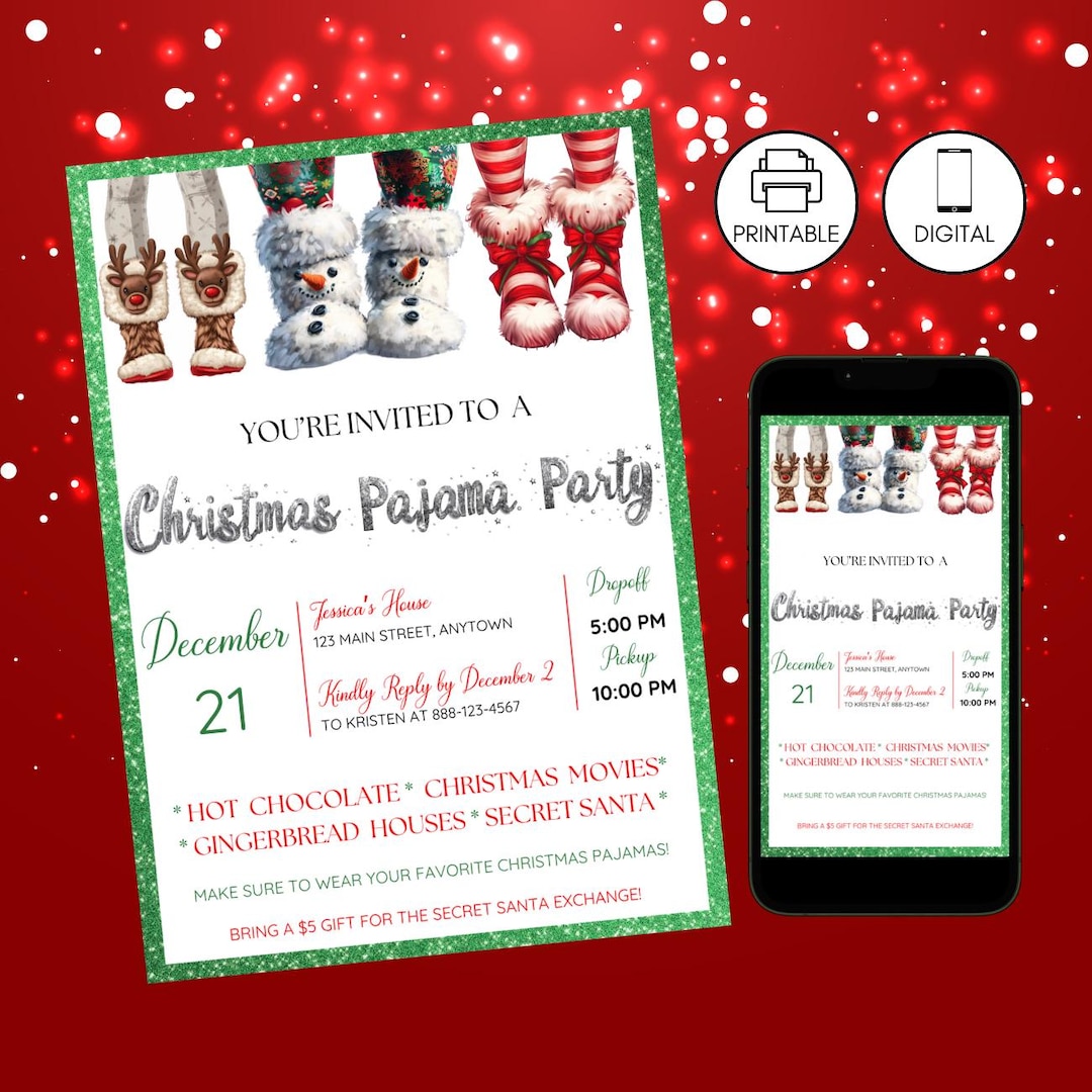 Christmas Pajama Party Invitation Template, Kid Holiday PJ Invite ...
