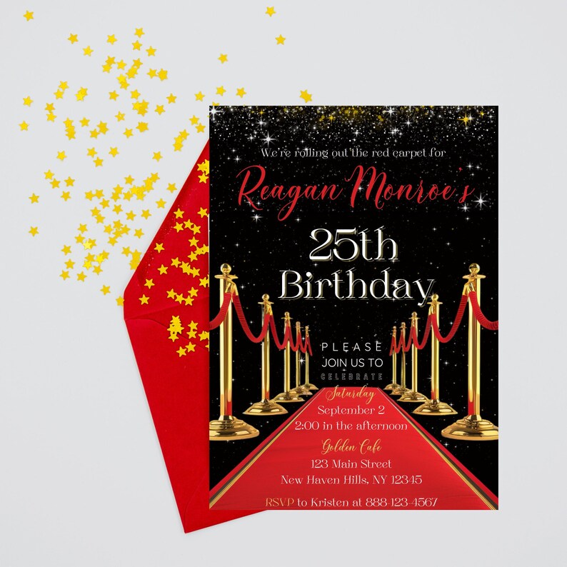Red Carpet Invite Hollywood Theme Party Birthday Invitation Red Black ...