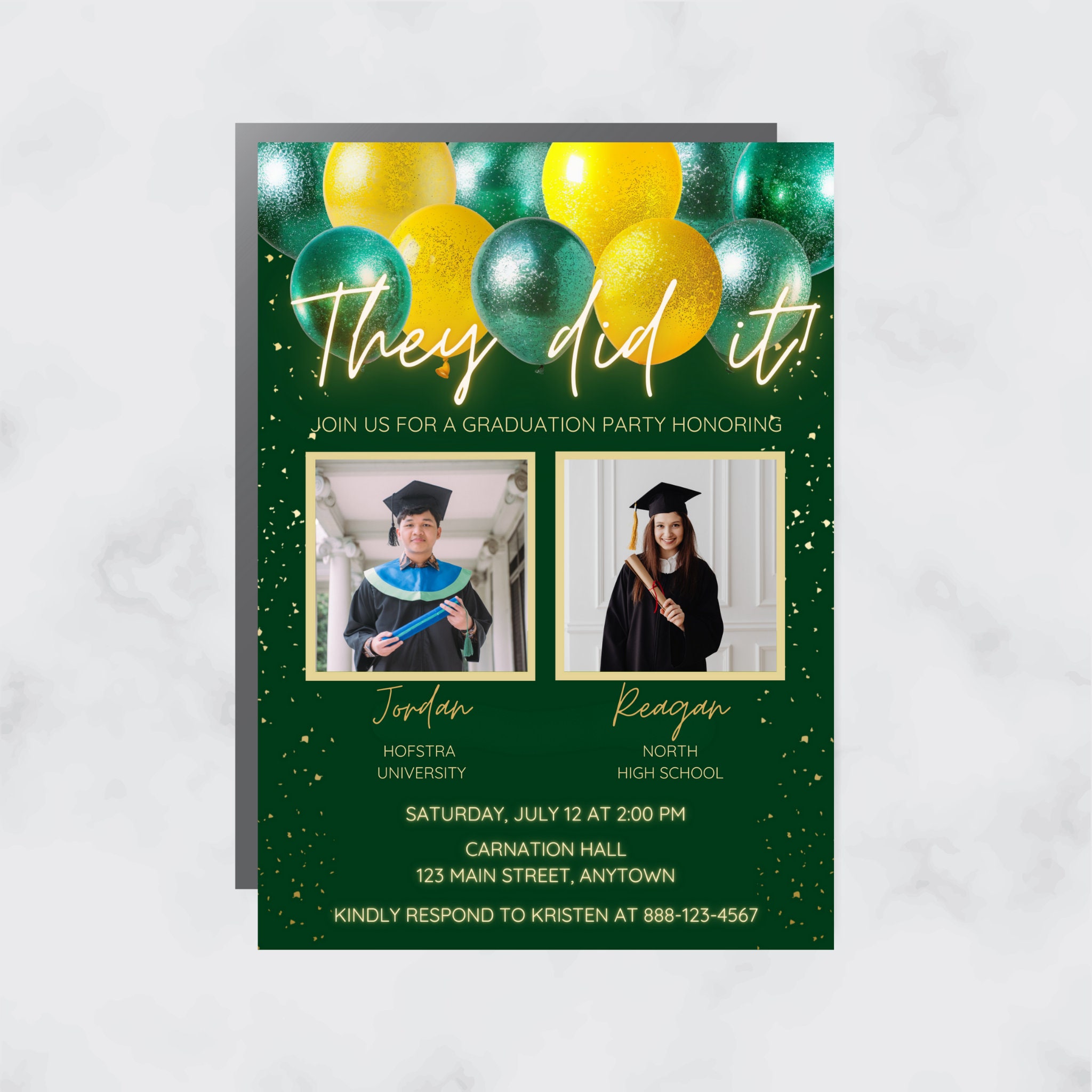Double Graduation Photo Party Invitation Editable Template Green ...