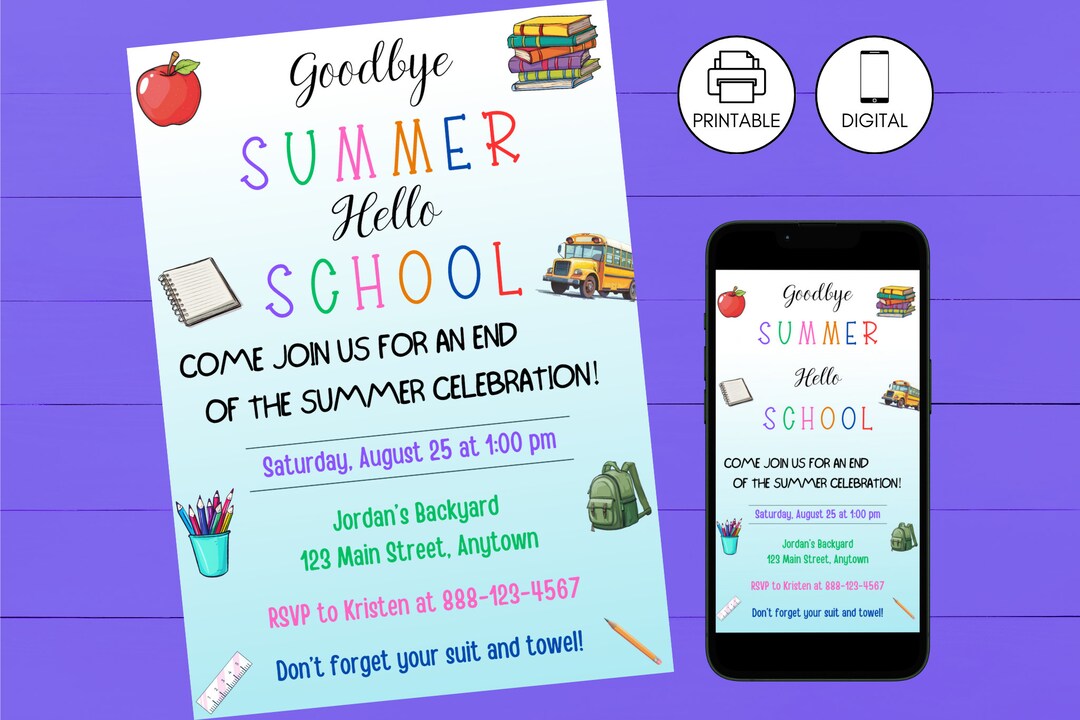 Back to School Bash Party Invitation, Goodbye Summer Hello School, Kid ...