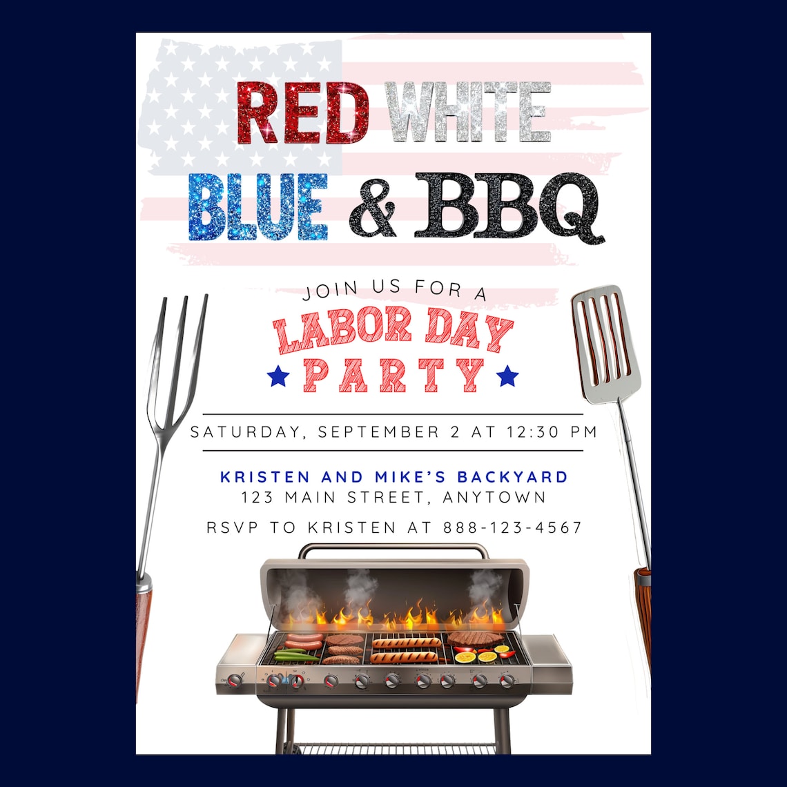 Labor Day BBQ Party Glitter Invitation, Patriotic Red White & Blue ...