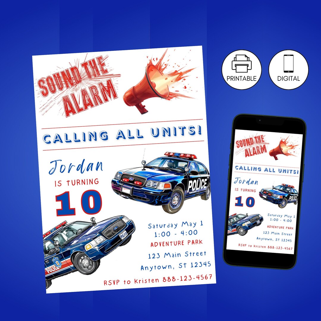 First Responders Birthday Party Invitation, Police Car Theme Printable ...