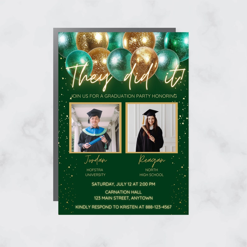 Double Graduation Photo Party Invitation | Editable Template | Green ...