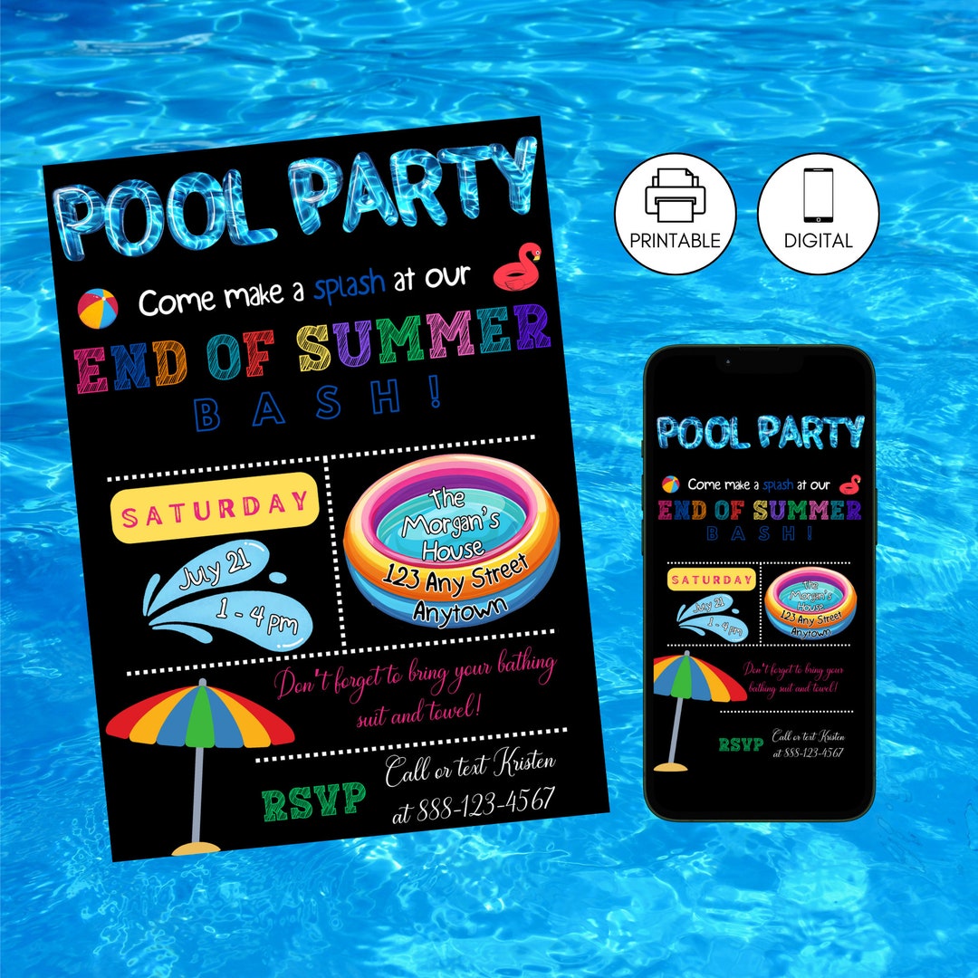 End of Summer Goodbye Pool Party Bash Kids Invitation Template, Back to ...