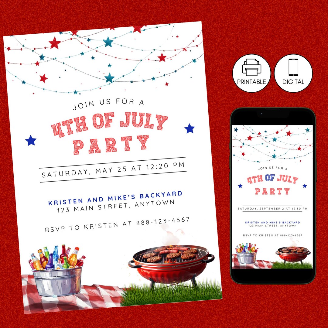 4th of July BBQ Party Invitation, Patriotic Red White & Blue Fourth of ...
