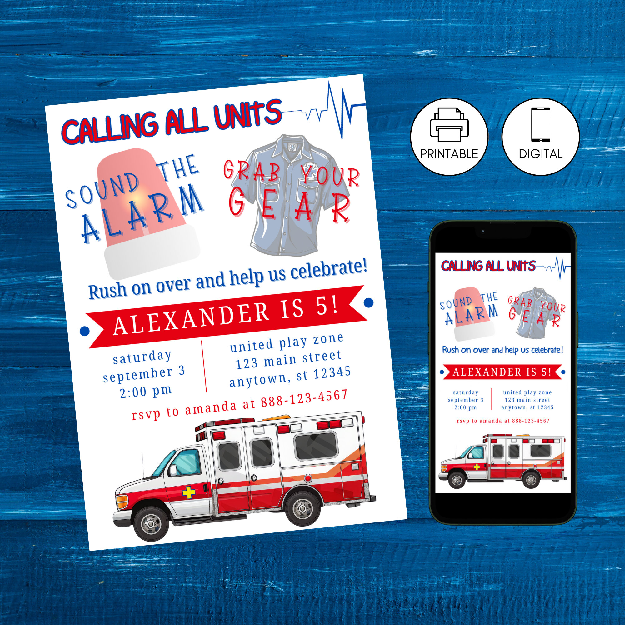 First Responders Birthday Party Invitation Template, EMT Ambulance ...