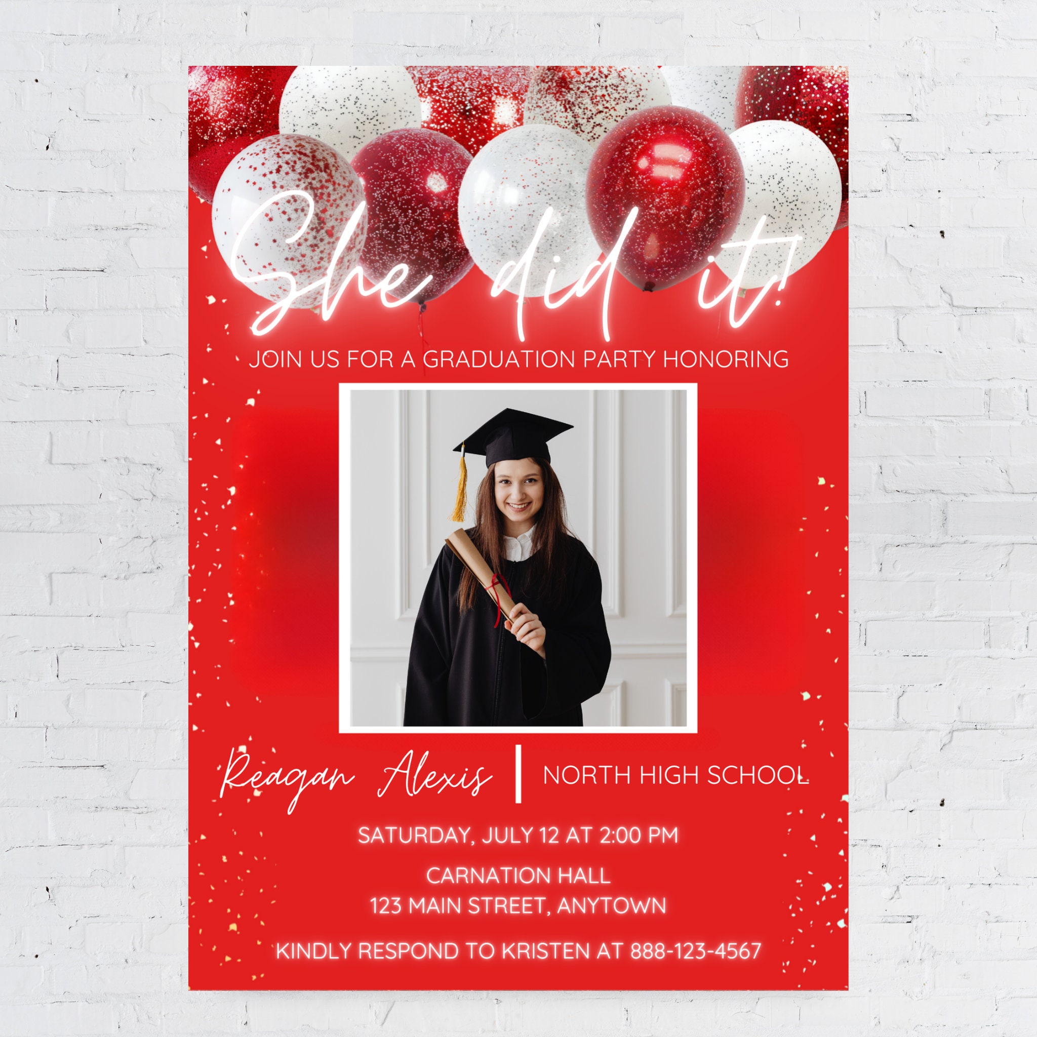 Graduation Photo Party Invitation Red and White Grad Invite She Did It ...