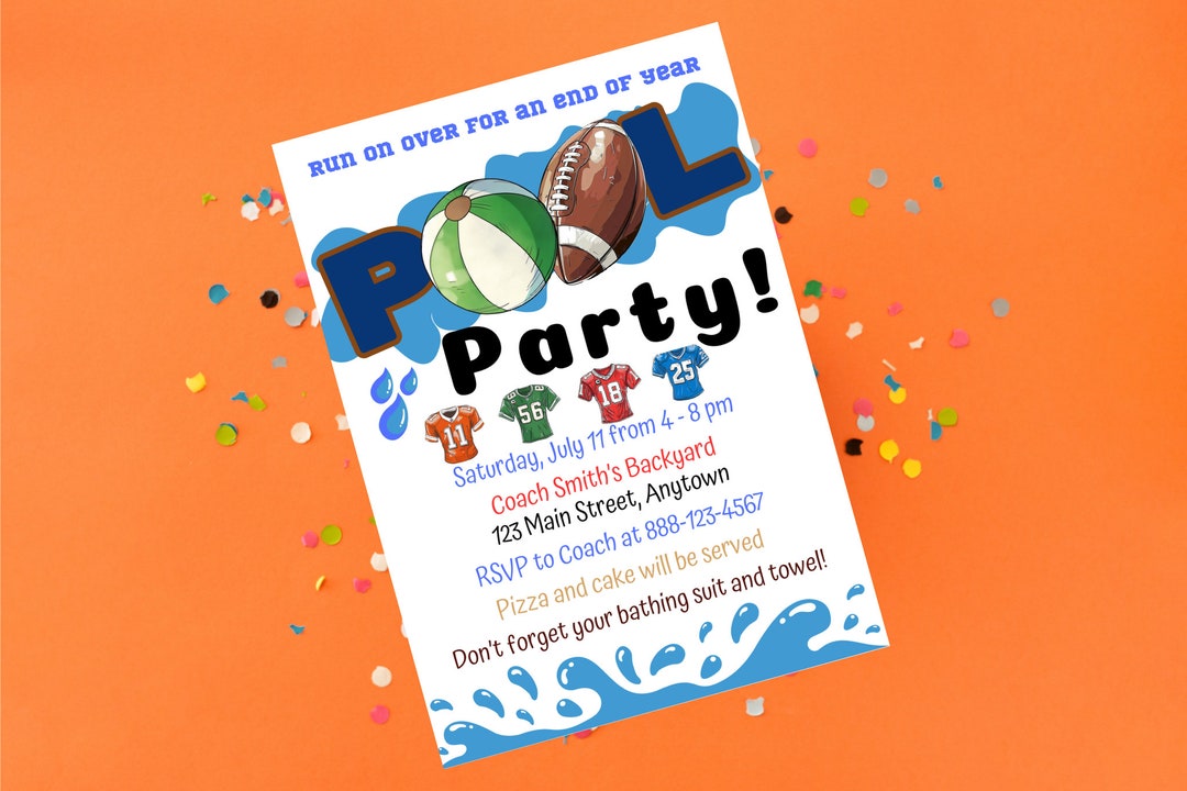 End of Season Football Team Pool Party Invitation Template, BBQ ...