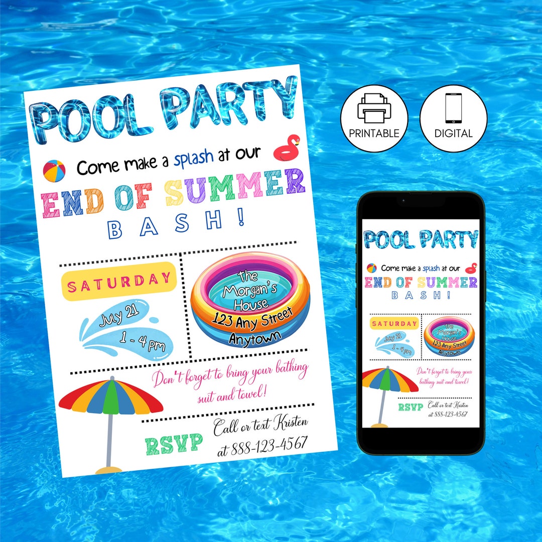 End of Summer Pool Party Bash Invitation, Back to School Kids Swim ...