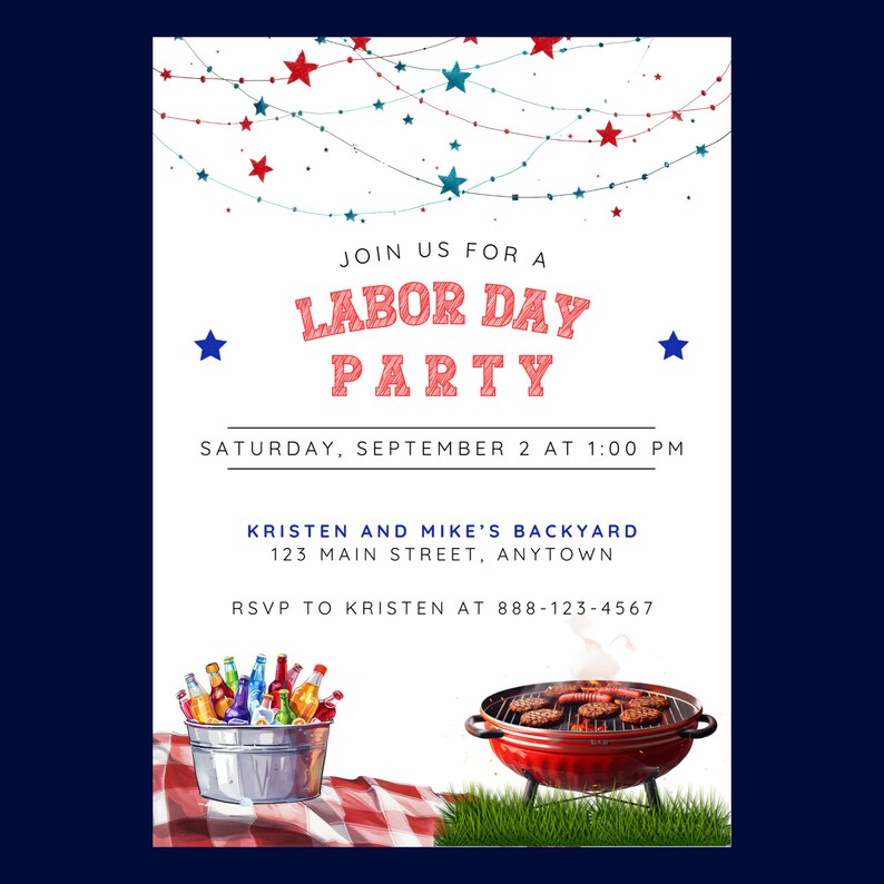 Labor Day BBQ Party Invitation, Patriotic Red White & Blue Invite ...