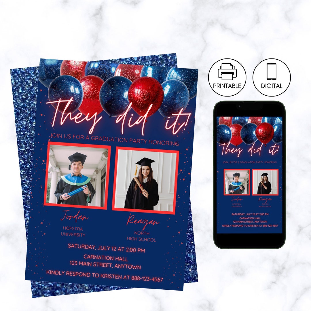 Double Graduation Photo Party Invitation | Editable Template | Red ...