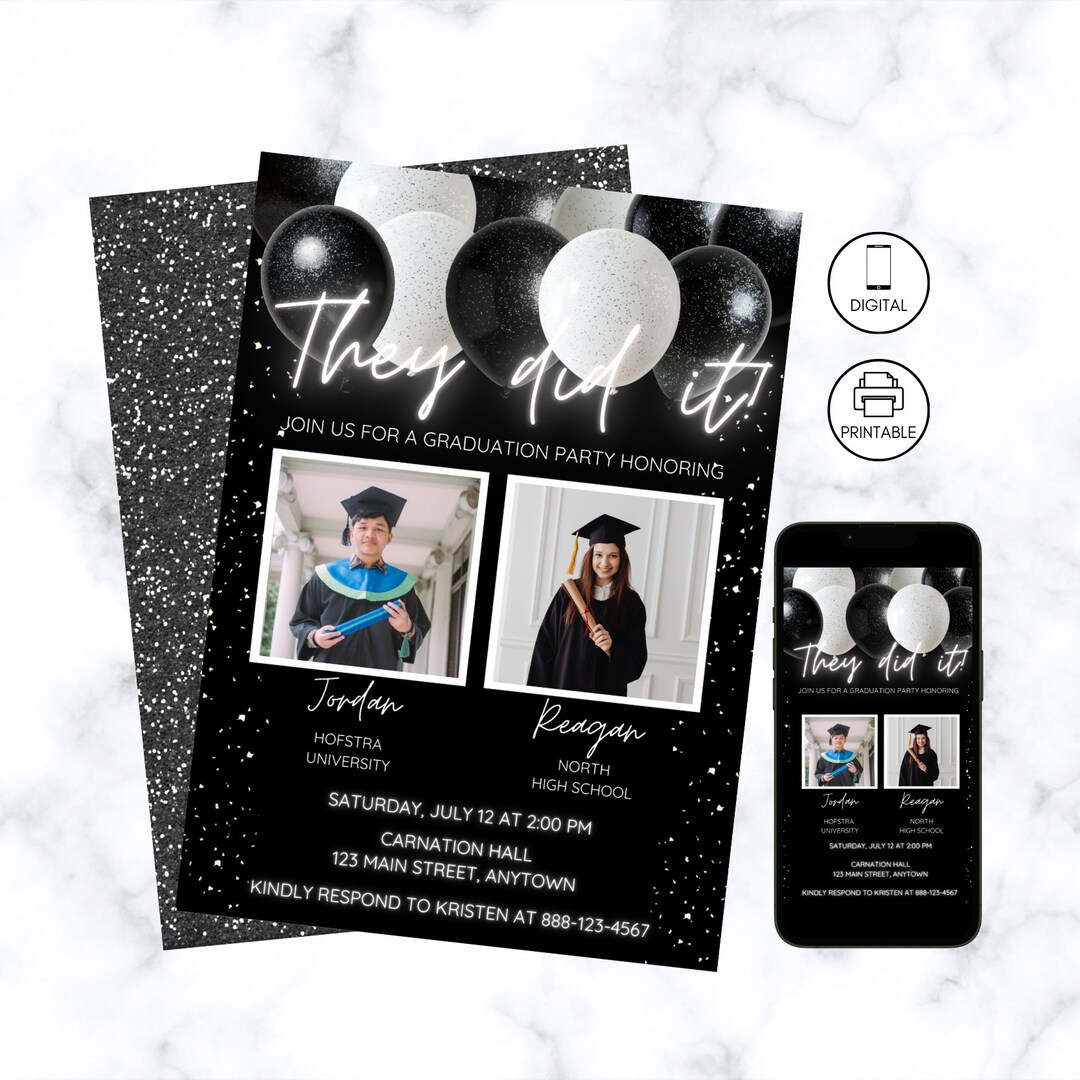 Double Graduation Photo Party Invitation | Editable Template | Black ...
