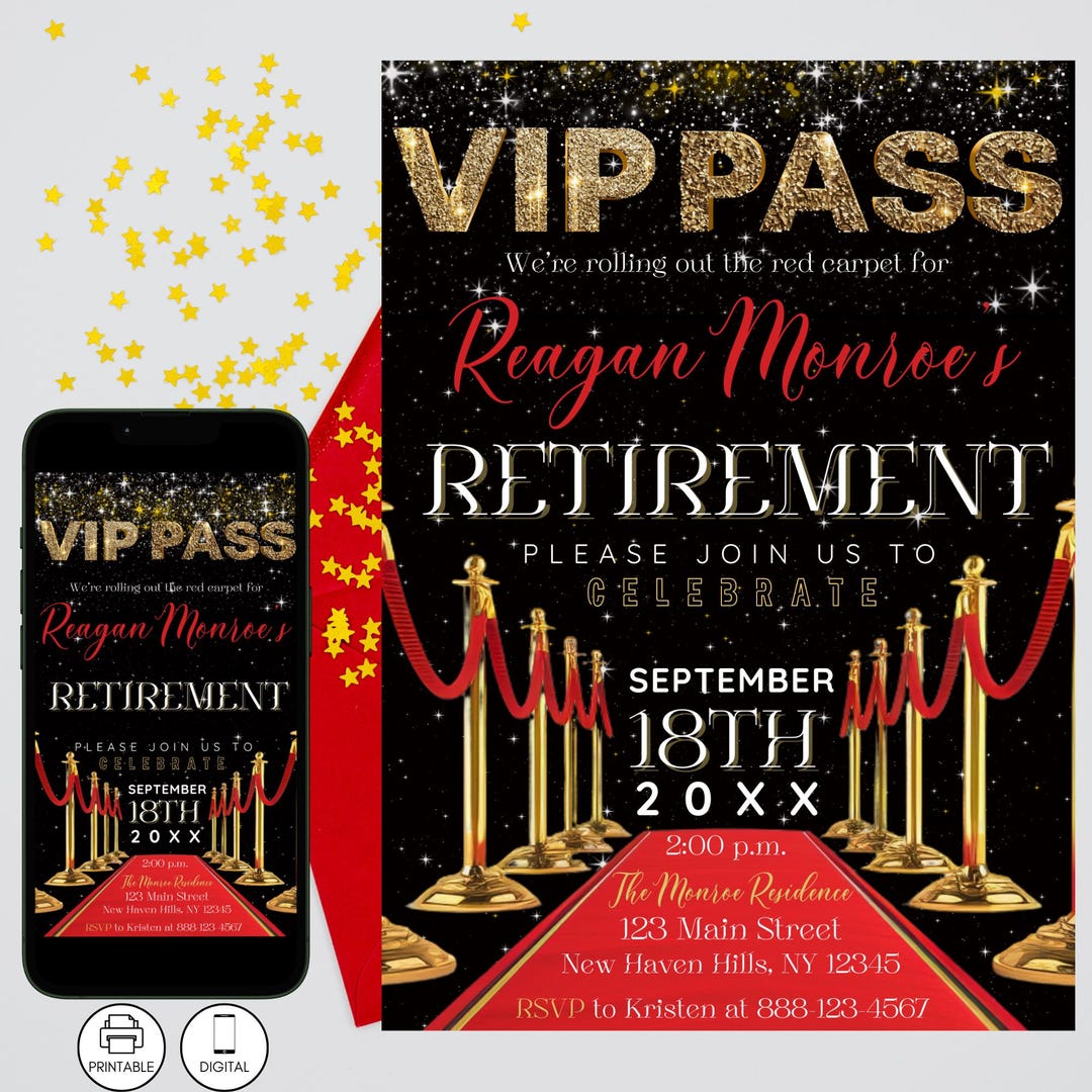 Red Carpet Retirement Invitation Template, Red Gold Invite, Cheer ...