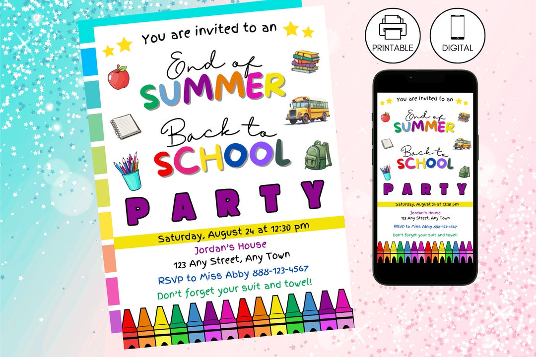 End of Summer Back to School Bash Party Invitation, Goodbye Summer ...