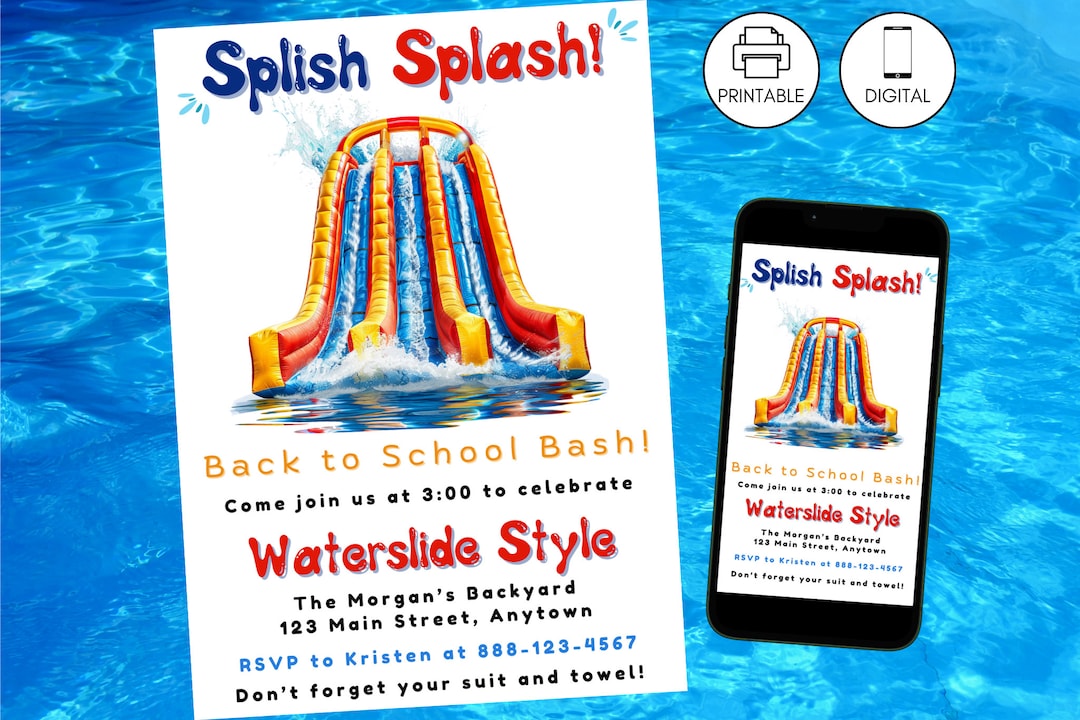 Back to School Waterslide Pool Party Invitation Template, Editable ...