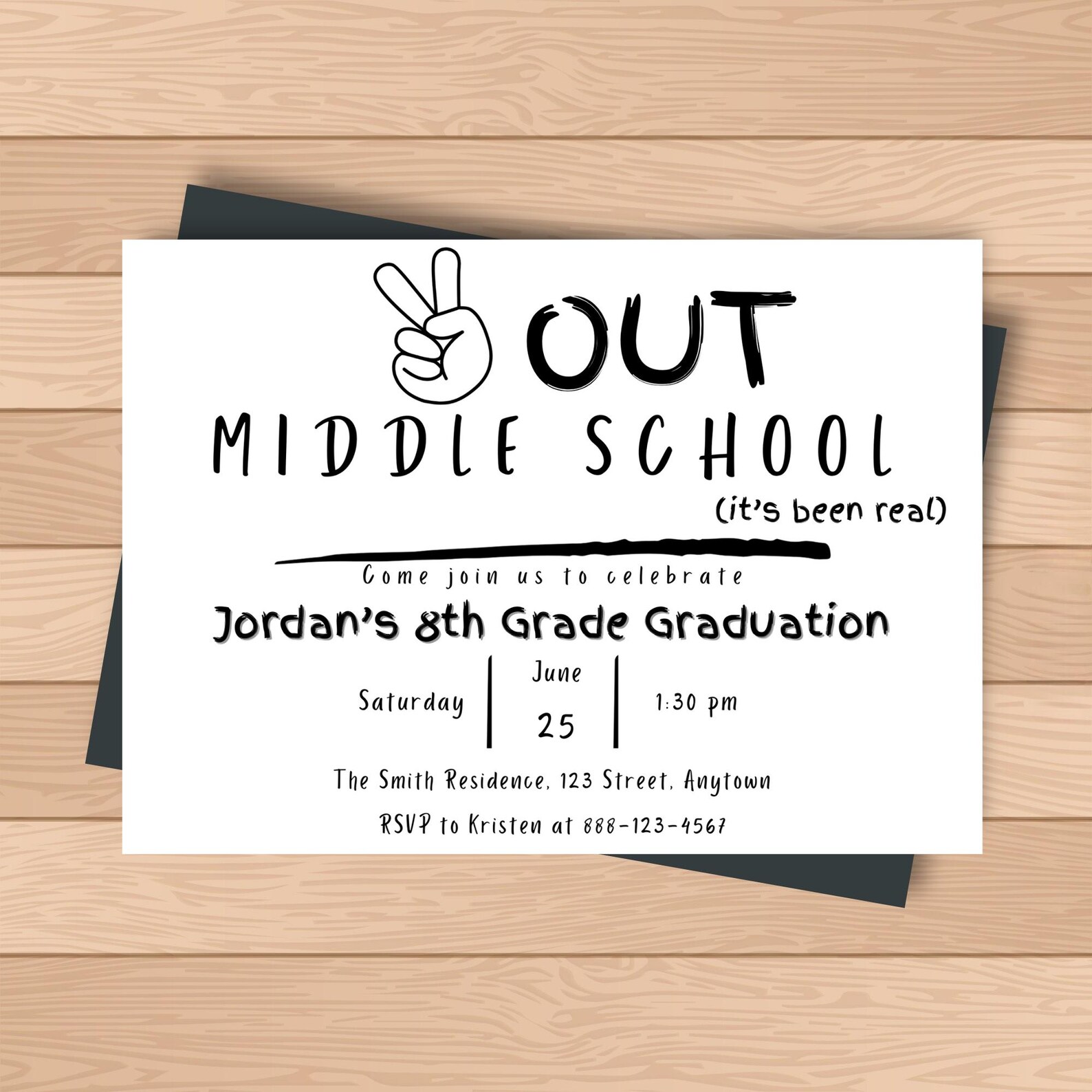 Middle School Graduation Invitation, Peace Out Middle School, Editable ...