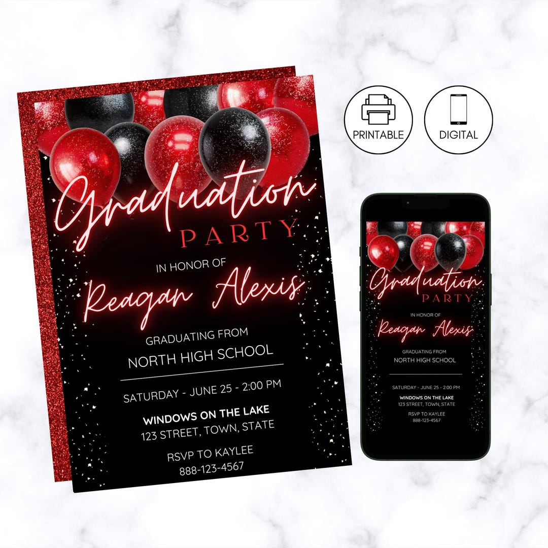 Black & Red Graduation Party Invitation Template, Grad Photo ...