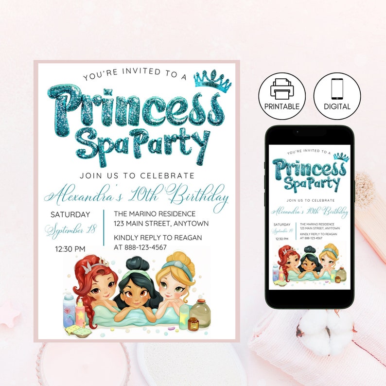 Princess Spa Party Birthday Invitation, Pamper Party Editable Invite ...