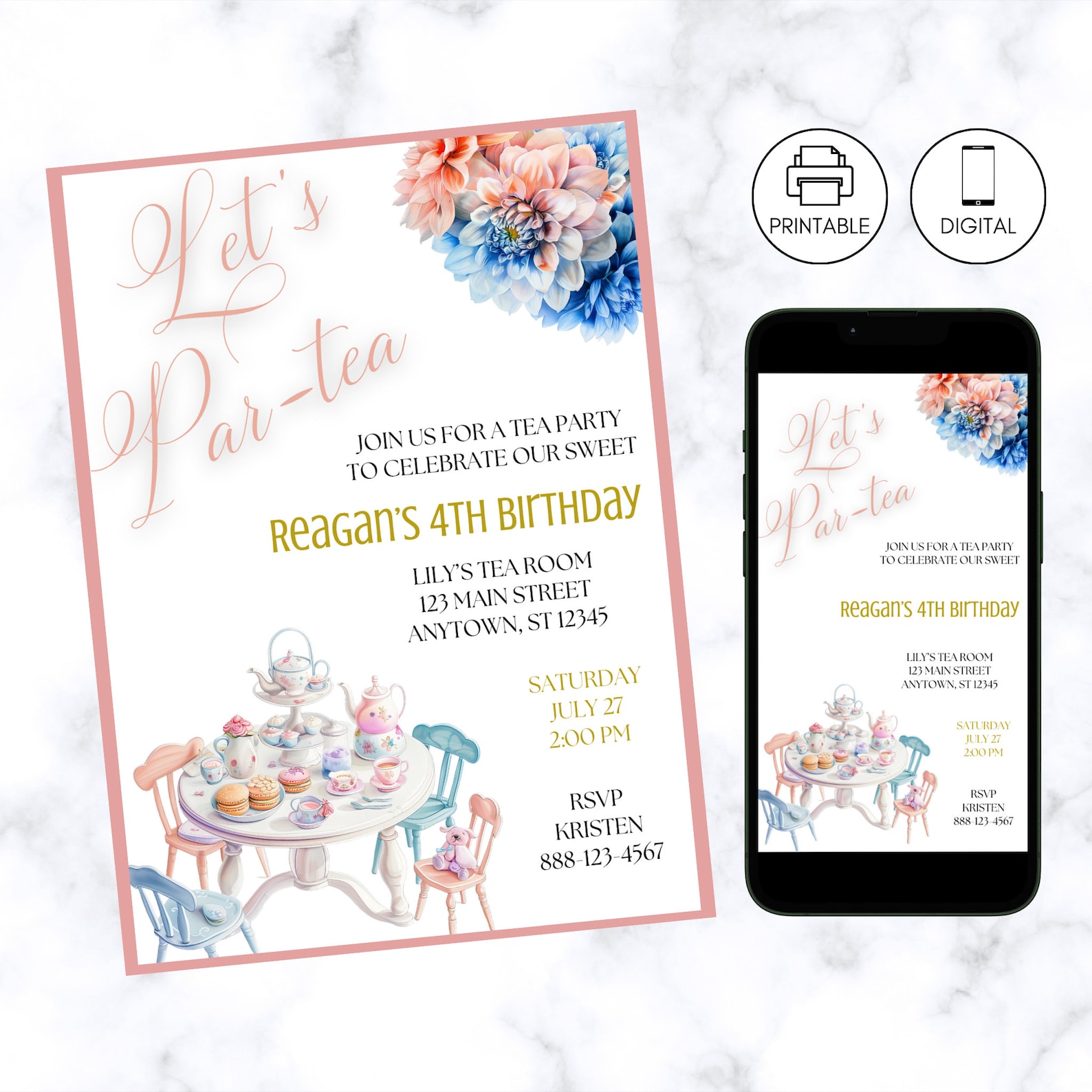 Let's Par-tea Tea Party Invitation Template, Whimsical Teacups Floral ...