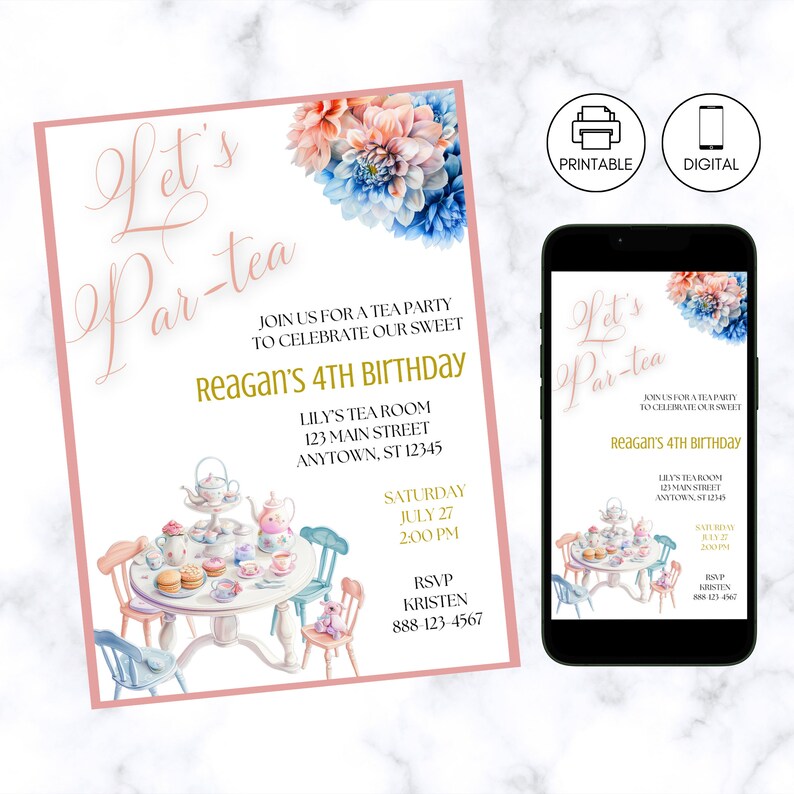 Let's Par-tea Tea Party Invitation Template, Whimsical Teacups Floral ...
