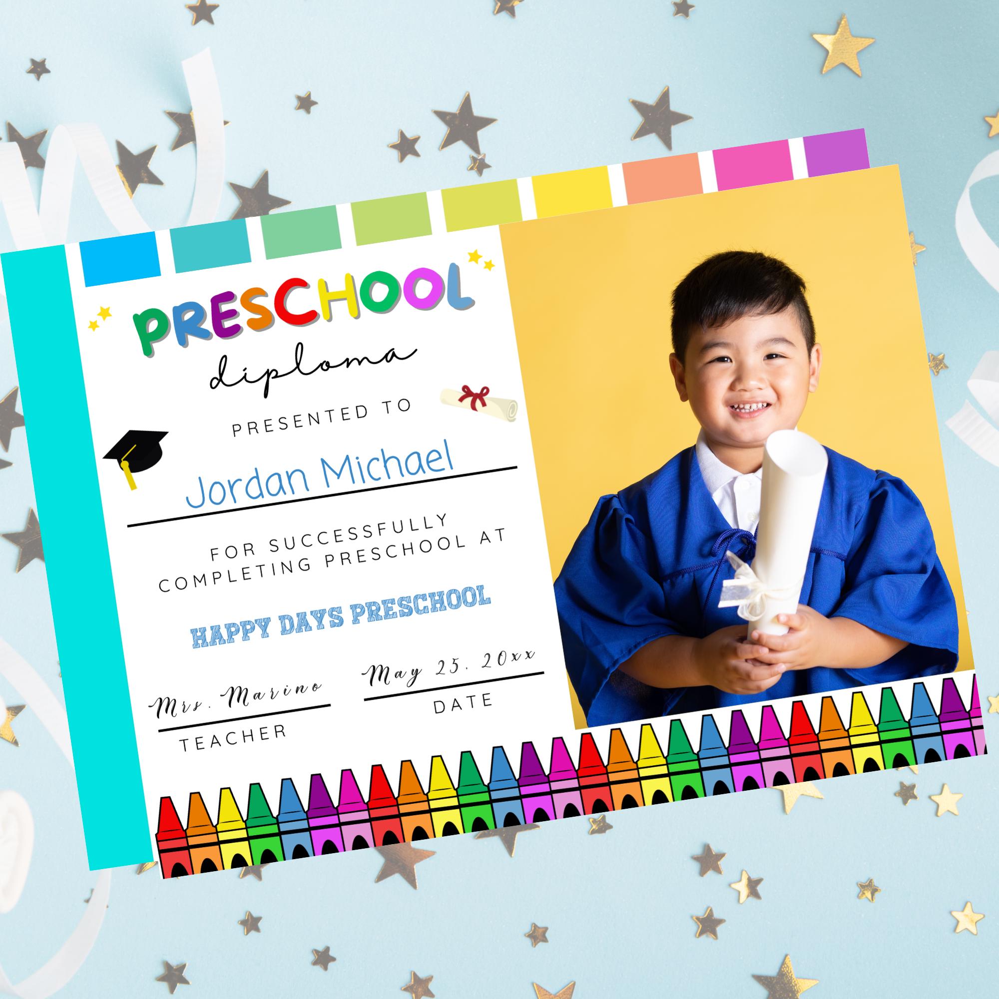 Preschool Graduation Diploma Photo Certificate, Editable Teacher ...