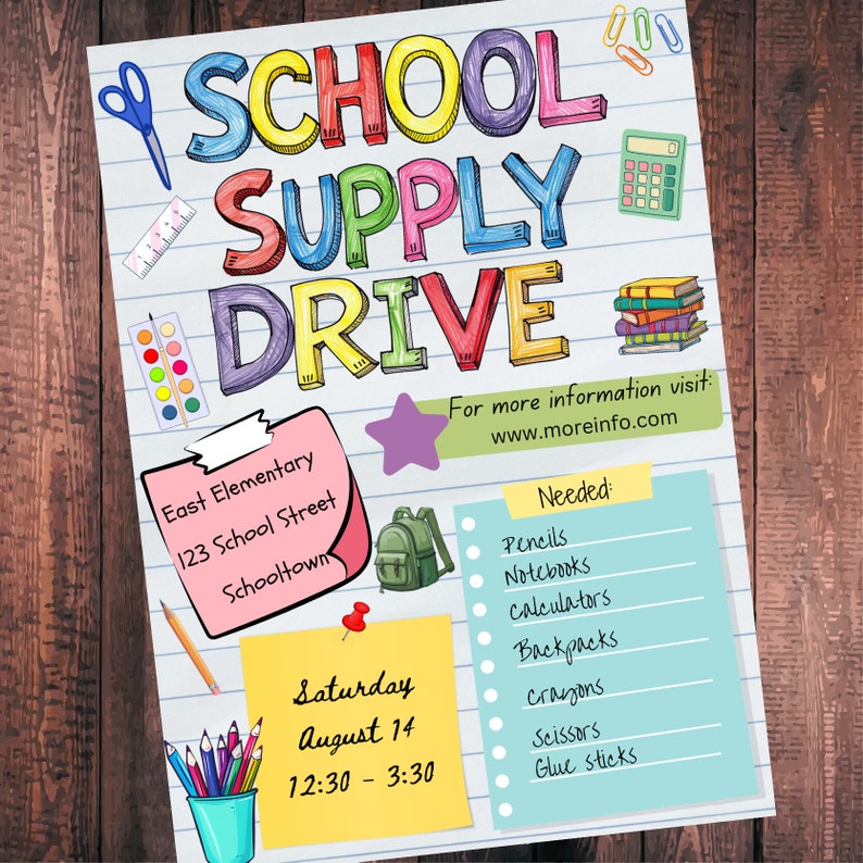 School Supply Drive Flyer Template, School Supplies Fundraiser Poster ...