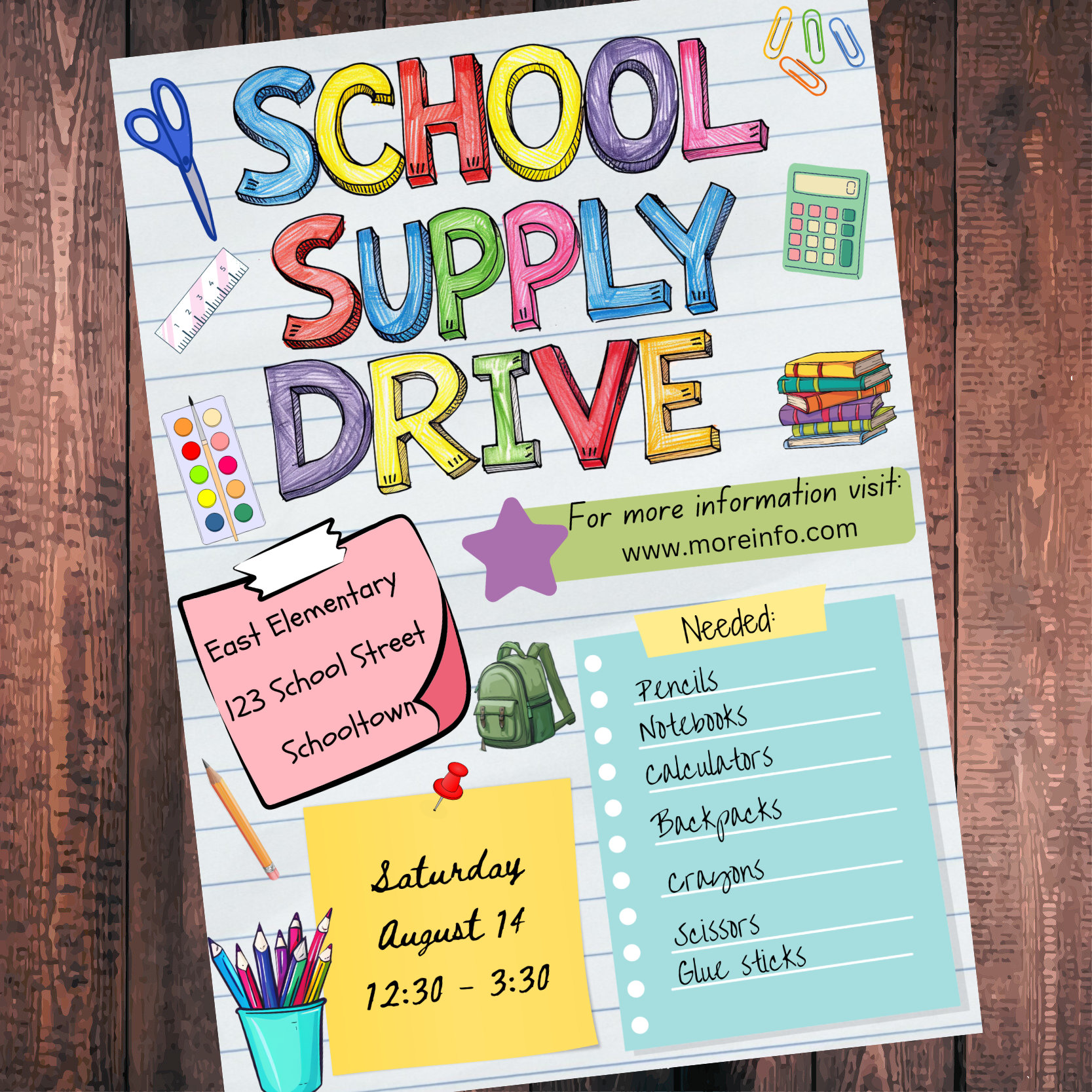 School Supply Drive Flyer Template, School Supplies Fundraiser Poster ...