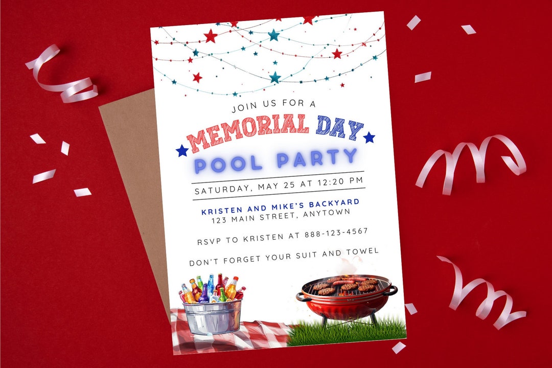 Memorial Day Pool Party Invitation, Patriotic Red White Blue Memorial ...