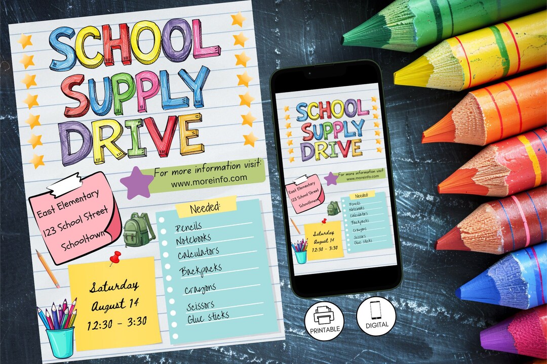 School Supply Donation Drive Flyer Template, School Supplies Fundraiser Poster, Colorful ...