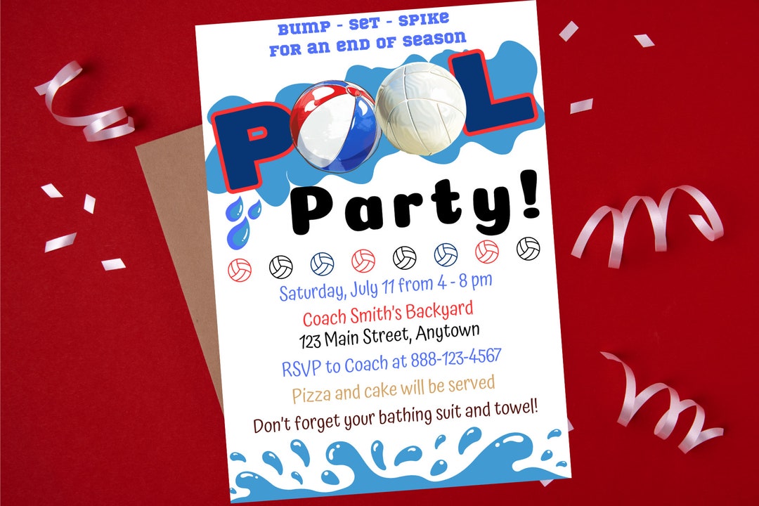 End of Season Volleyball Team Pool Party Invitation Template, BBQ ...