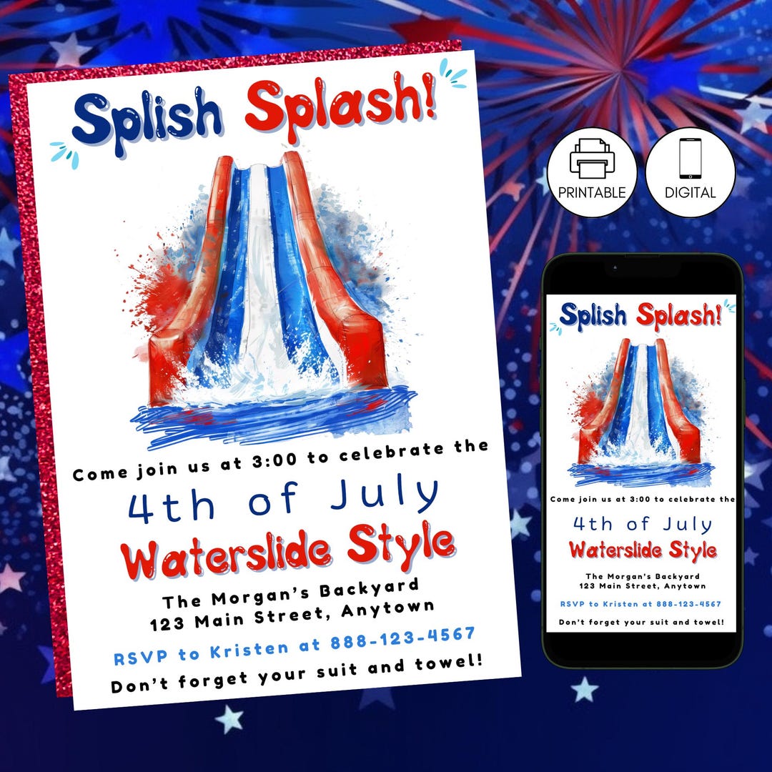 4th of July Waterslide Party Invitation, Independence Day Pool Party ...