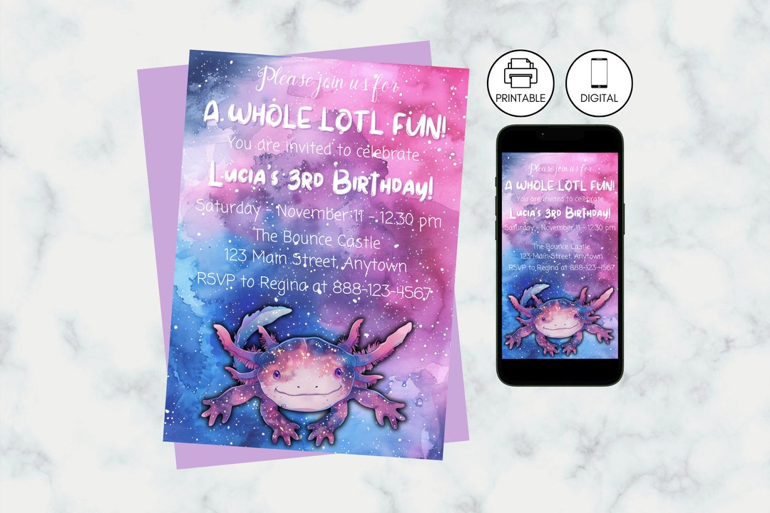 Axolotl Birthday Invitation Template Girls, Galaxy With Stars, Outer ...