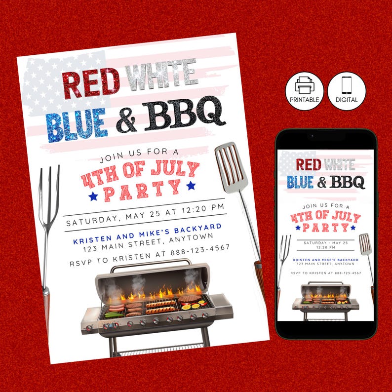 4th of July BBQ Party Glitter Invitation, Patriotic Red White & Blue ...