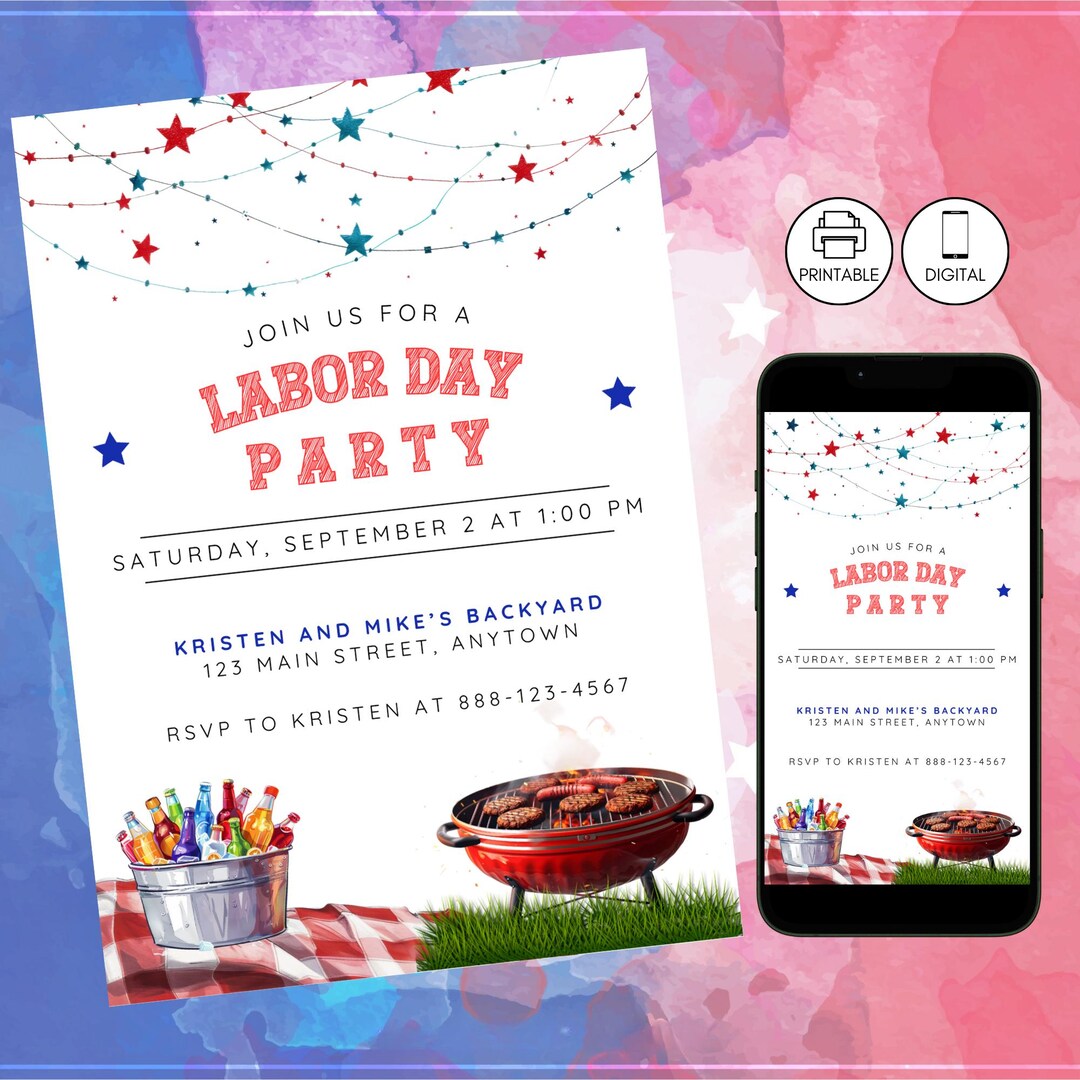 Labor Day BBQ Party Invitation, Patriotic Red White & Blue Invite ...