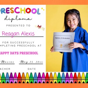 Preschool Graduation Diploma Photo Certificate, Editable Teacher ...