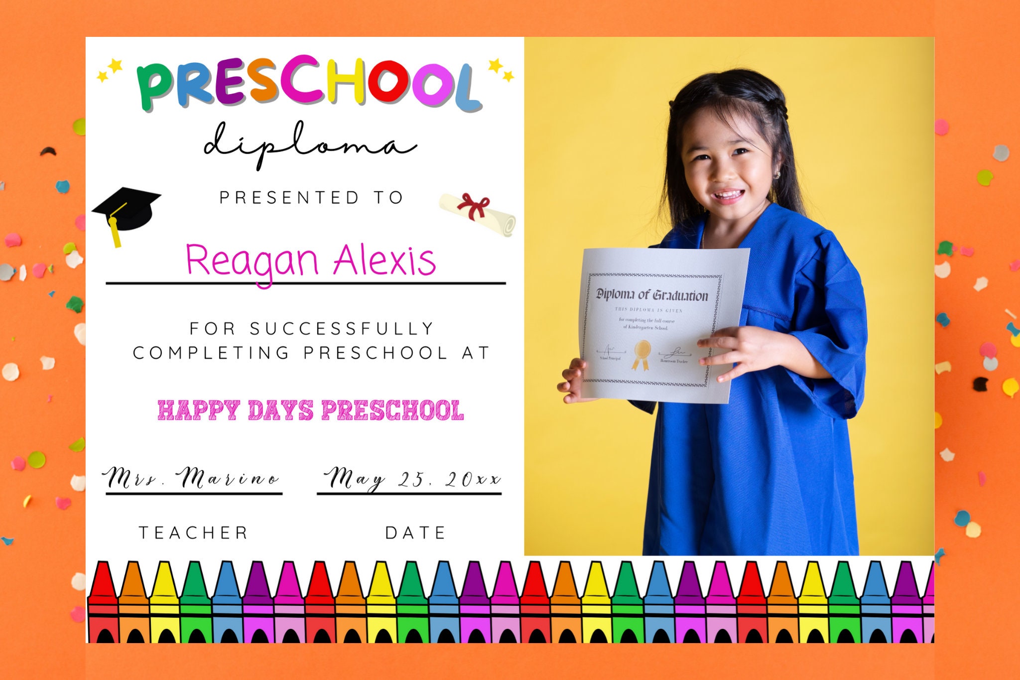 Preschool Graduation Diploma Photo Certificate, Editable Teacher ...