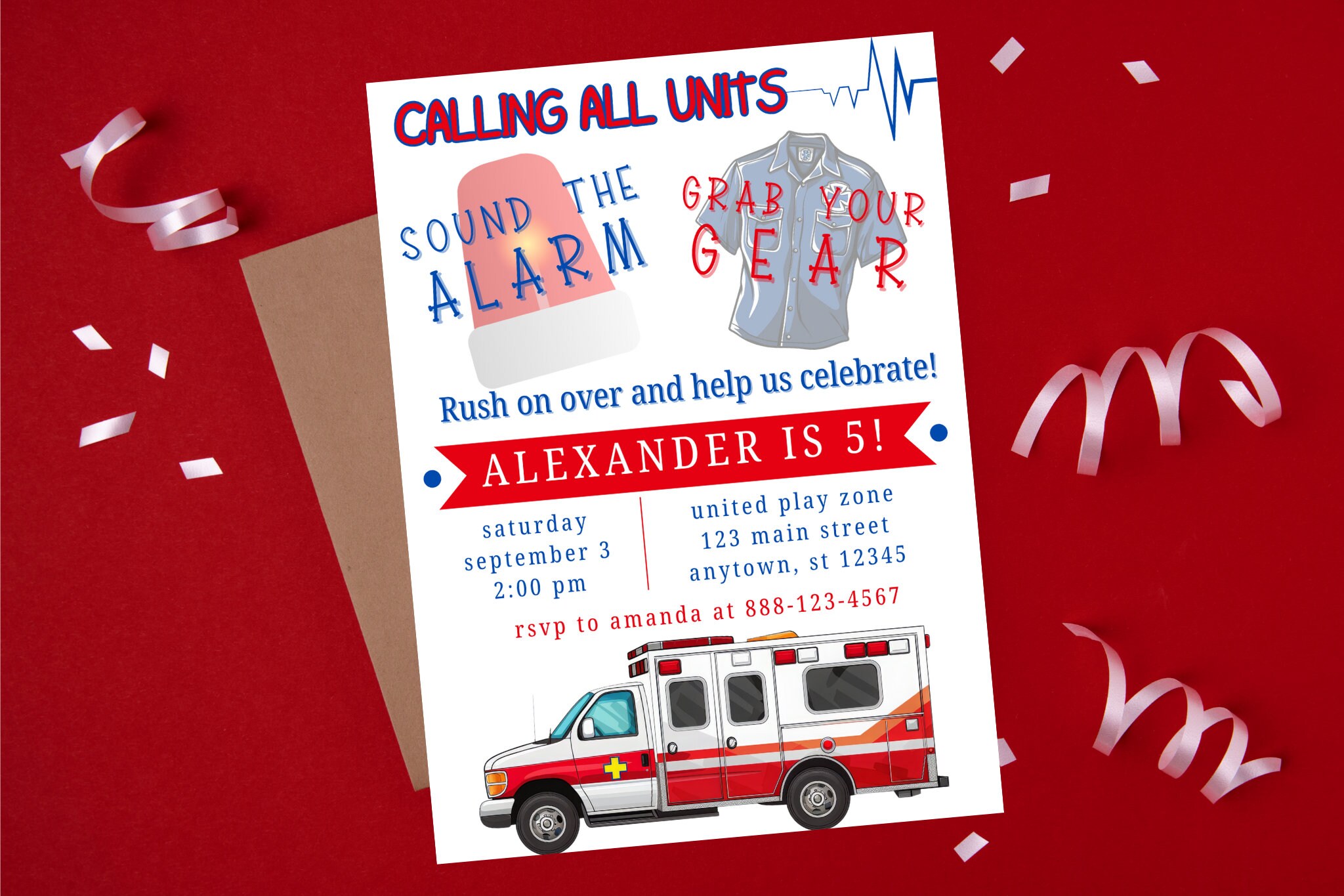 First Responders Birthday Party Invitation Template, EMT Ambulance ...
