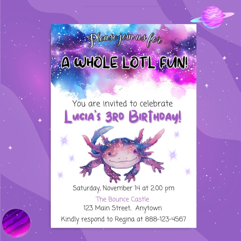 Axolotl Birthday Party Invitation Template Girls, Galaxy Stars Theme ...