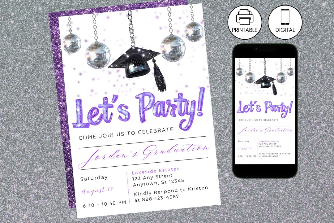 Graduation Invitation Disco, Purple White Grad Party Invite Sparkle ...