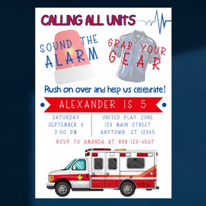 First Responders Birthday Party Invitation, EMT Ambulance Theme ...
