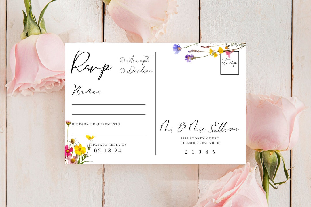 Wildflower Rsvp Postcard Template Editable Attendance Printable Rsvp ...