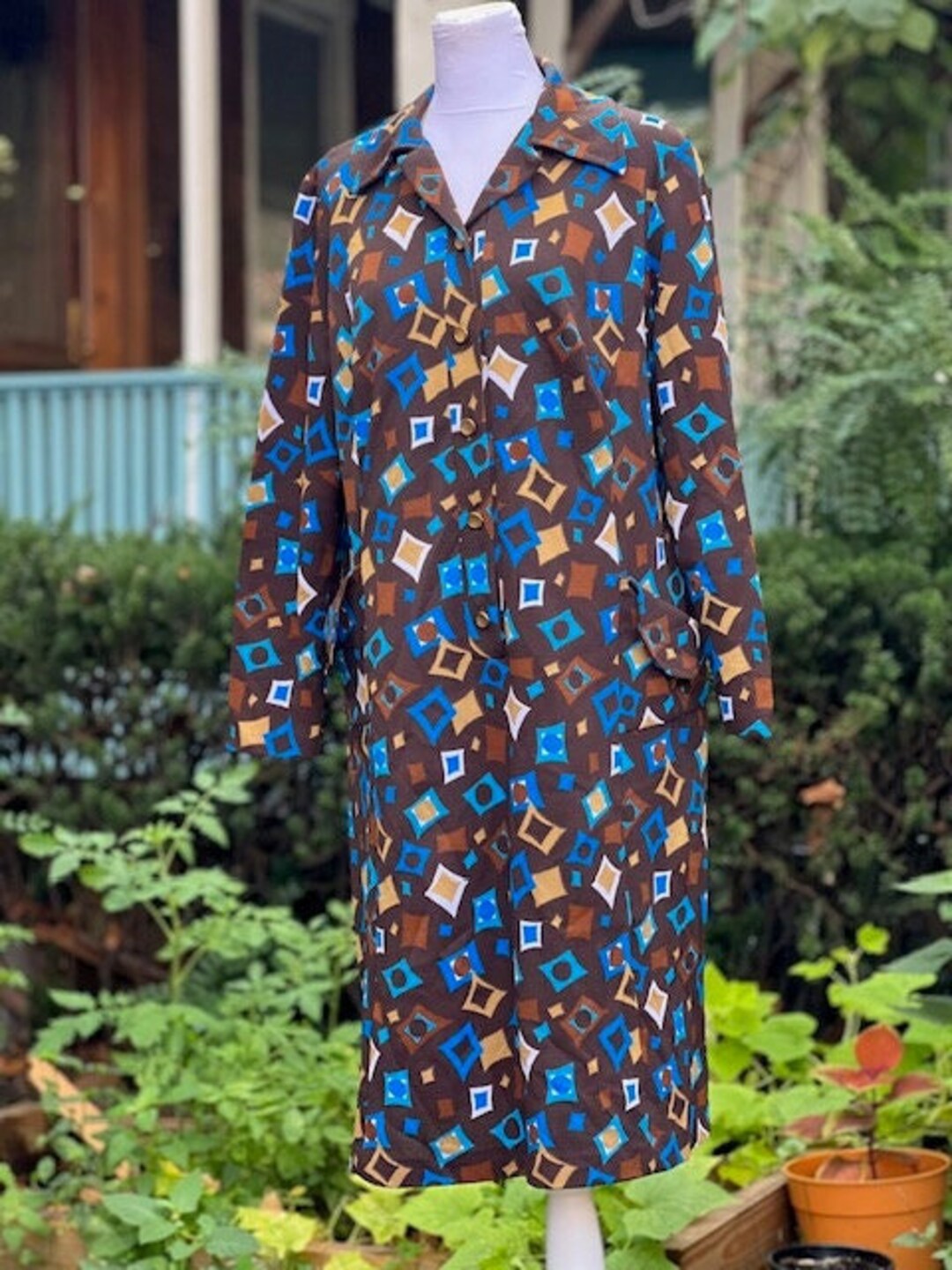Rare Vintage 70's Mod Brown Geometric Print Shirt Dress With Half ...