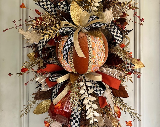 Luxurious Fall Pumpkin Door Swag - Elegant Autumn Teardrop Wreath With ...