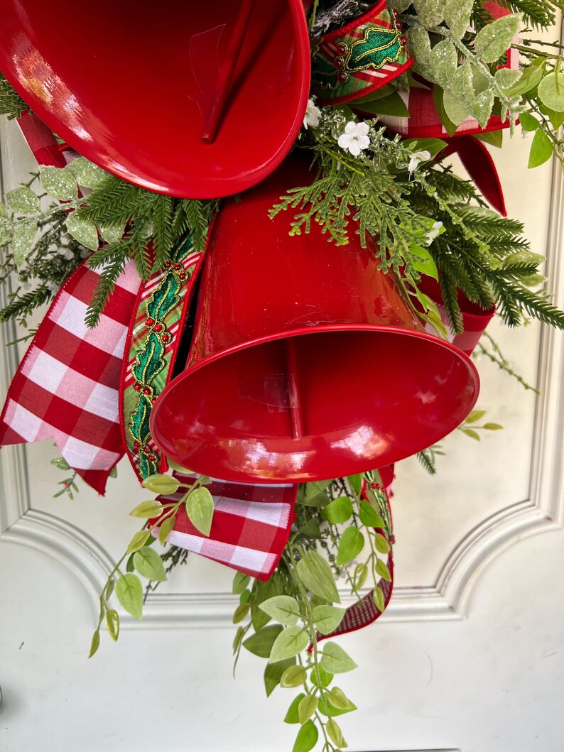 Handmade Christmas Bell Door Swag, Red Velvet Ribbon & Greenery - Etsy