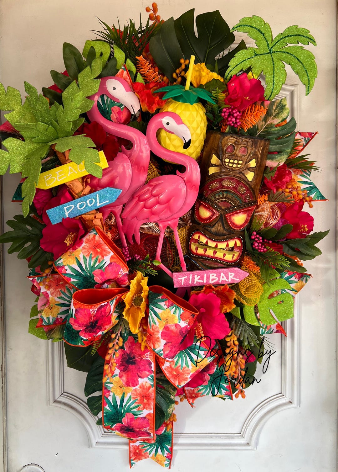 Tropical Tiki Wreath - Flamingo & Luau Front Door Décor - Summer Beach ...