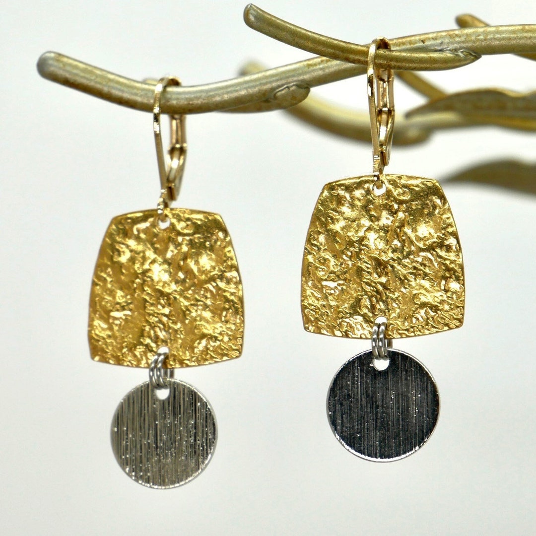 Trapezoid Brass and Circle Charm Earrings With Stainless Steel Ear Wire ...