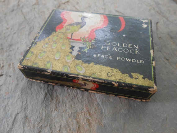 1920's Golden Peacock Face Powder Box - Gem